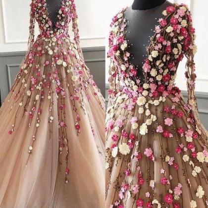 Long Sleeve Prom Dresses A Line Hand-made Flower Floor-length Long ...