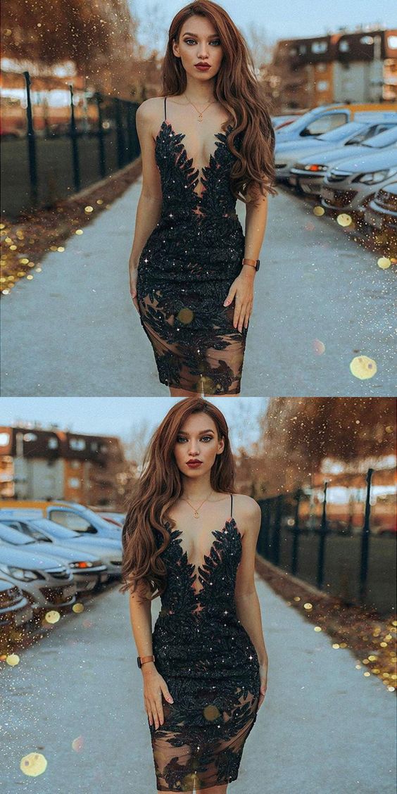Sheath Spaghetti Straps Black Beaded Short Prom Dress With Lace on Luulla